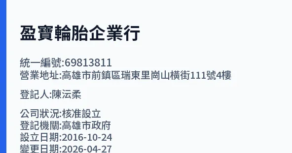 盈寶輪胎企業行的照片-統編 69813811(高雄市) 公司登記資料與營業項目詳細圖表