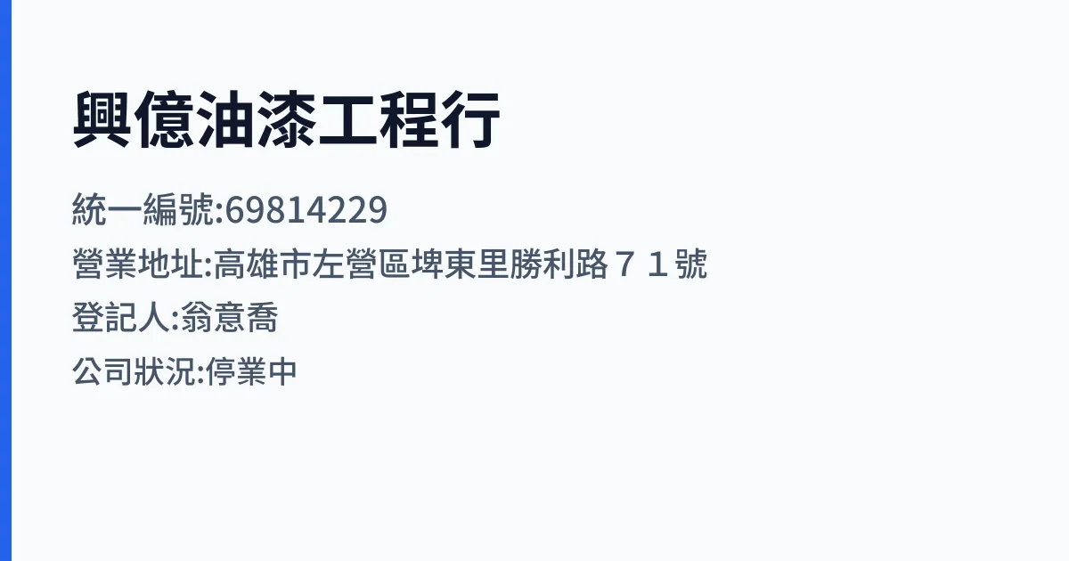 興億油漆工程行 - 統編 69814229(高雄市) 公司登記資料與營業項目詳細圖表