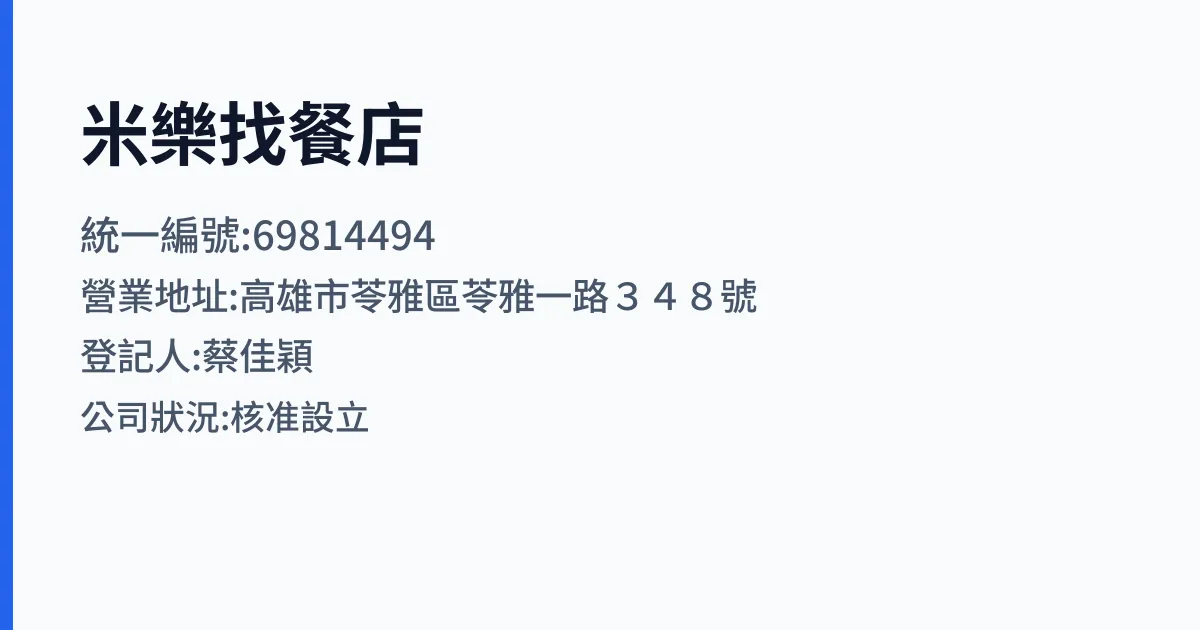 米樂找餐店 - 統編 69814494(高雄市) 公司登記資料與營業項目詳細圖表