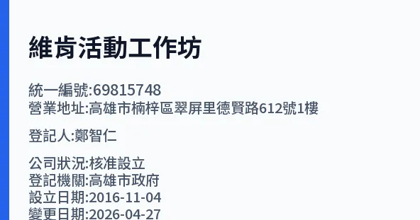 維肯活動工作坊的照片-統編 69815748(高雄市) 公司登記資料與營業項目詳細圖表