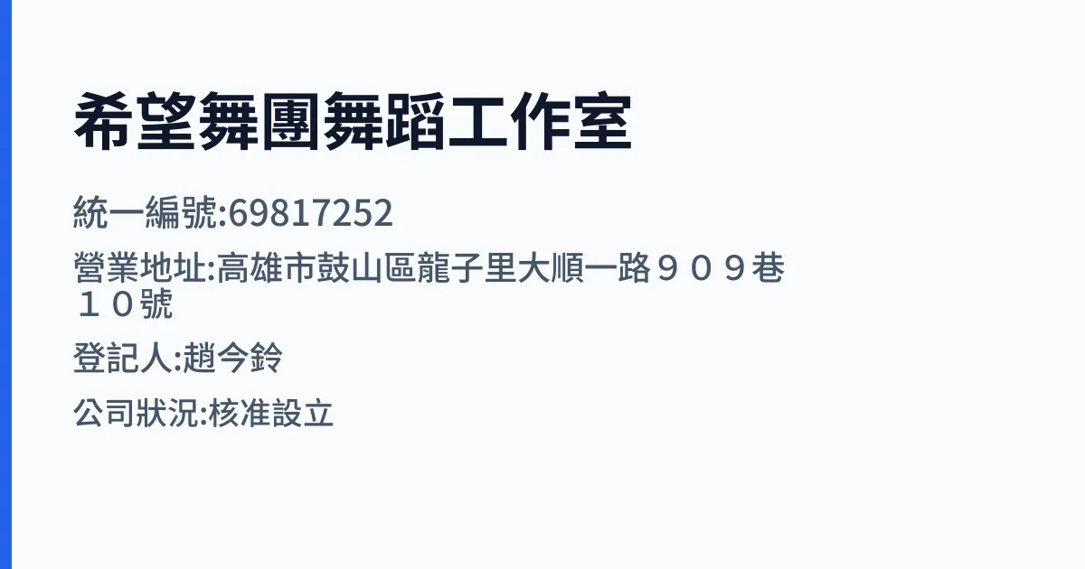 希望舞團舞蹈工作室 - 統編 69817252(高雄市) 公司登記資料與營業項目詳細圖表