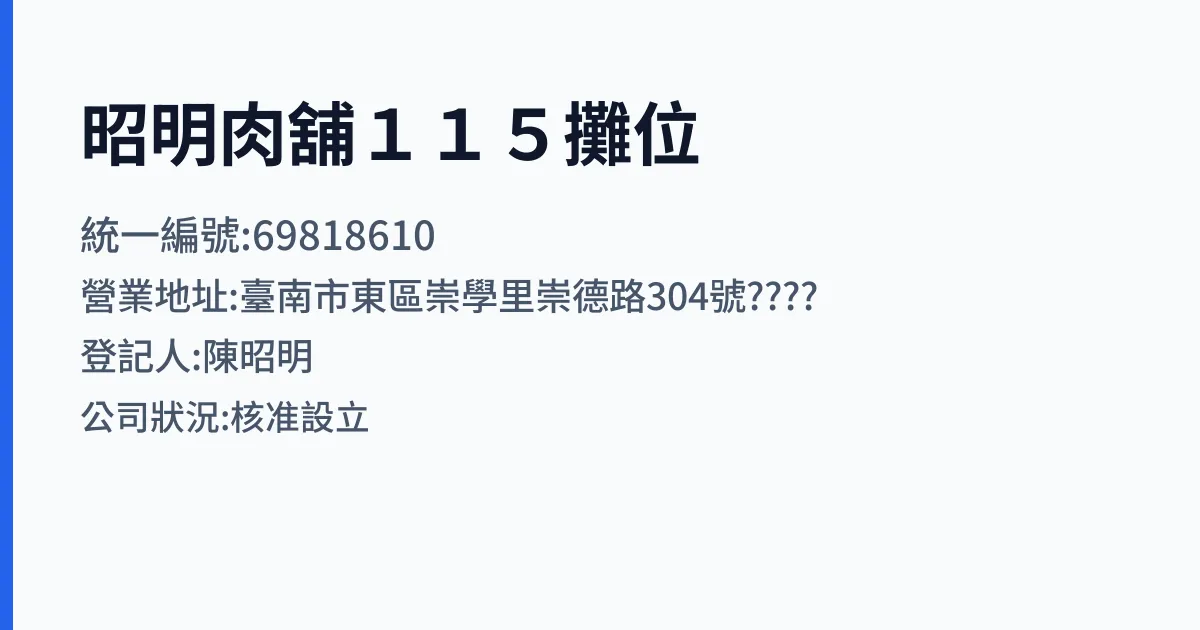 昭明肉舖１１５攤位 - 統編 69818610(臺南市) 公司登記資料與營業項目詳細圖表