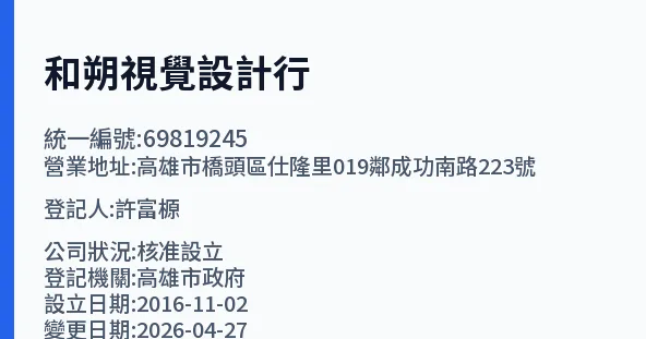 和朔視覺設計行的照片-統編 69819245(高雄市) 公司登記資料與營業項目詳細圖表
