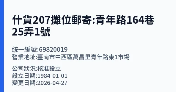 什貨207攤位郵寄:青年路164巷25弄1號的照片-統編 69820019(臺南市) 公司登記資料與營業項目詳細圖表
