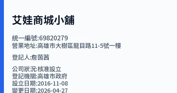 艾娃商城小舖的照片-統編 69820279(高雄市) 公司登記資料與營業項目詳細圖表