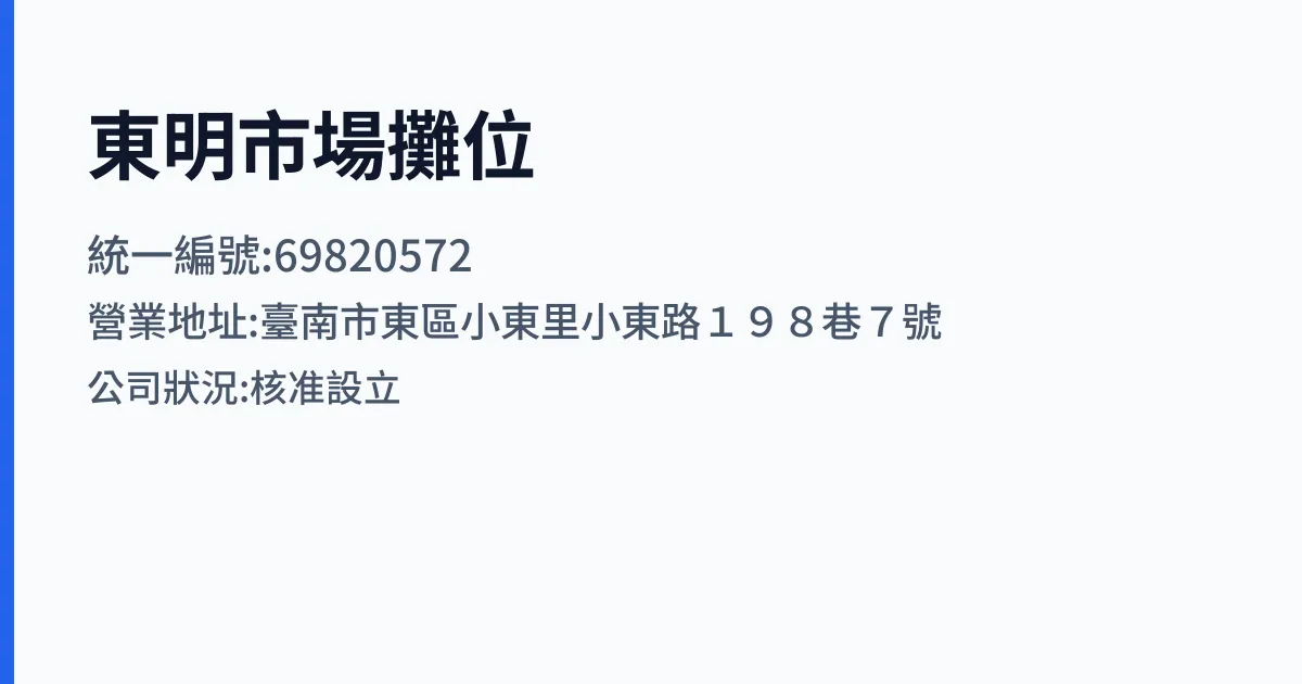 東明市場攤位 - 統編 69820572(臺南市) 公司登記資料與營業項目詳細圖表