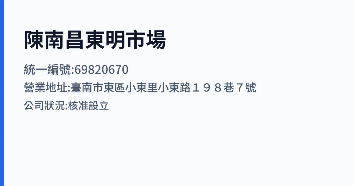陳南昌東明市場 - 統編 69820670(臺南市) 公司登記資料與營業項目詳細圖表