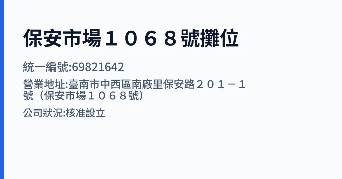 保安市場１０６８號攤位 - 統編 69821642(臺南市) 公司登記資料與營業項目詳細圖表