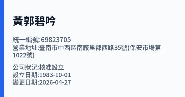 黃郭碧吟的照片-統編 69823705(臺南市) 公司登記資料與營業項目詳細圖表