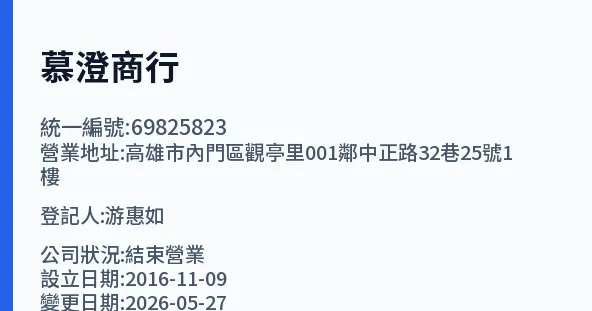 慕澄商行的照片-統編 69825823(高雄市) 公司登記資料與營業項目詳細圖表