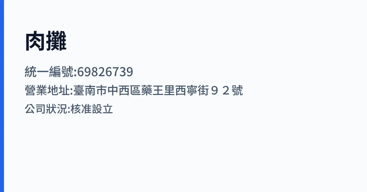 肉攤 - 統編 69826739(臺南市) 公司登記資料與營業項目詳細圖表