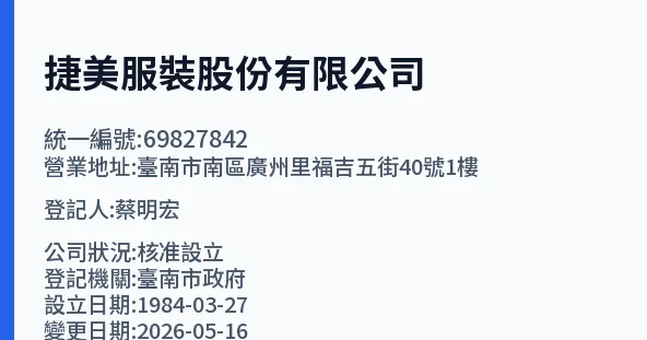 捷美服裝股份有限公司的照片-統編 69827842(臺南市) 公司登記資料與營業項目詳細圖表
