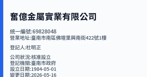 奮億金屬實業有限公司的照片-統編 69828048(臺南市) 公司登記資料與營業項目詳細圖表