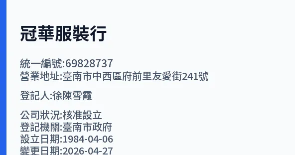 冠華服裝行的照片-統編 69828737(臺南市) 公司登記資料與營業項目詳細圖表