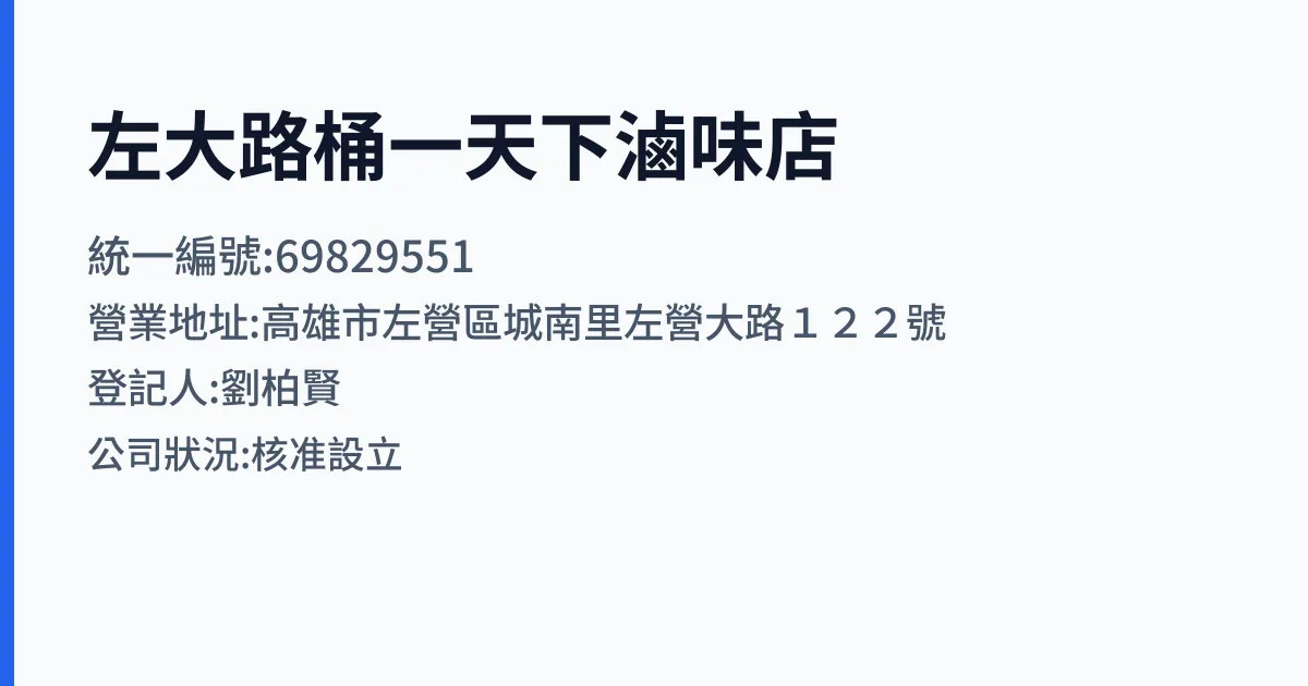 左大路桶一天下滷味店 - 統編 69829551(高雄市) 公司登記資料與營業項目詳細圖表