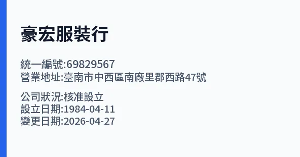 豪宏服裝行的照片-統編 69829567(臺南市) 公司登記資料與營業項目詳細圖表