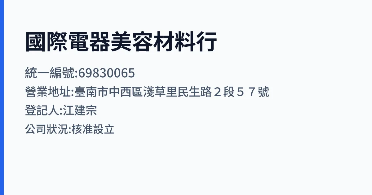 國際電器美容材料行 - 統編 69830065（臺南市） 公司登記資料與營業項目詳細圖表