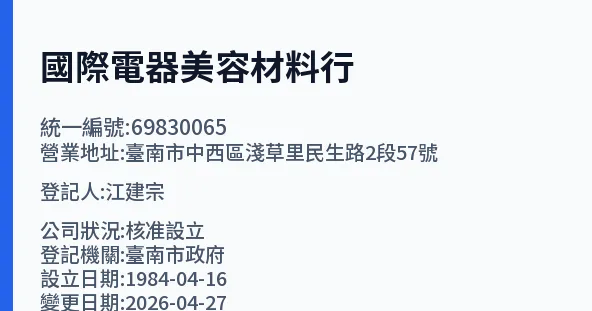 國際電器美容材料行的照片-統編 69830065(臺南市) 公司登記資料與營業項目詳細圖表