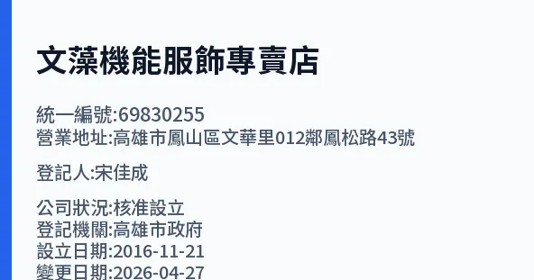 文藻機能服飾專賣店的照片-統編 69830255(高雄市) 公司登記資料與營業項目詳細圖表