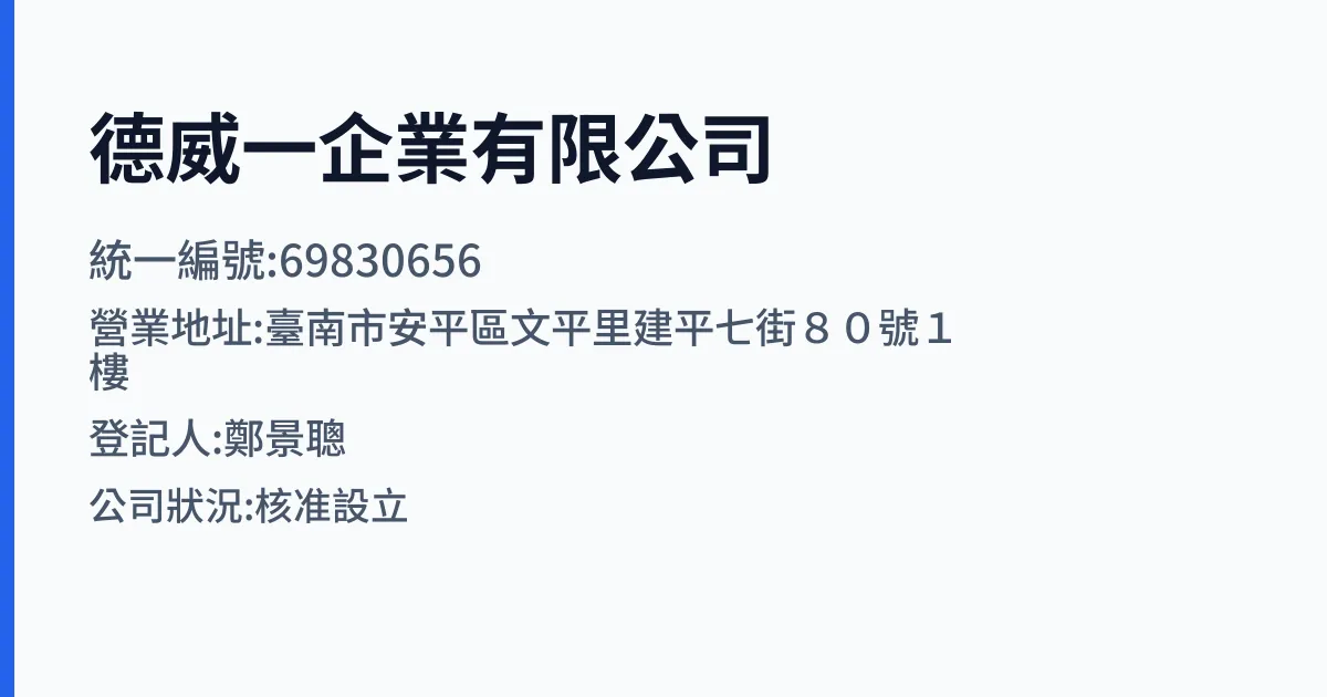 德威一企業有限公司 - 統編 69830656(臺南市) 公司登記資料與營業項目詳細圖表