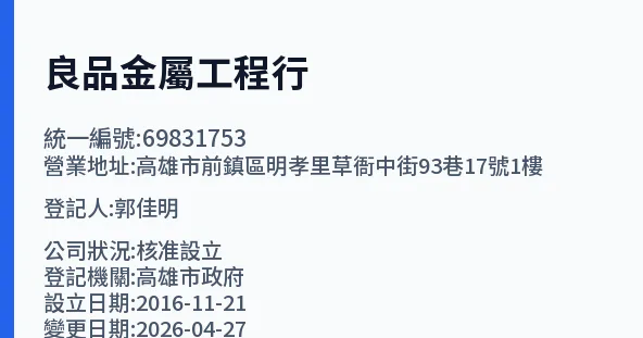 良品金屬工程行的照片-統編 69831753(高雄市) 公司登記資料與營業項目詳細圖表