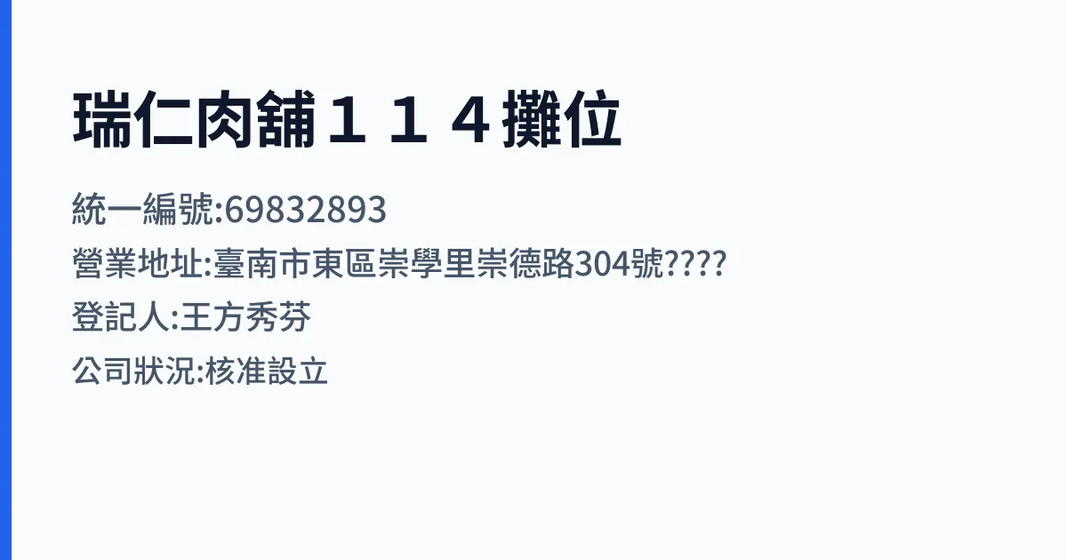 瑞仁肉舖１１４攤位 - 統編 69832893(臺南市) 公司登記資料與營業項目詳細圖表