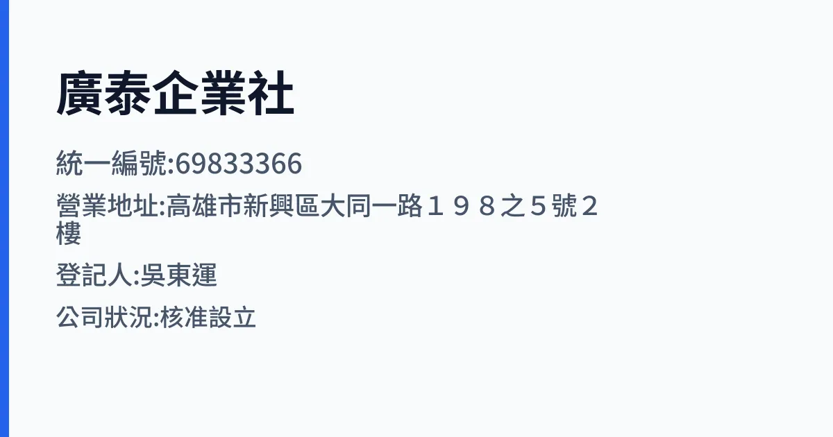 廣泰企業社 - 統編 69833366(高雄市) 公司登記資料與營業項目詳細圖表