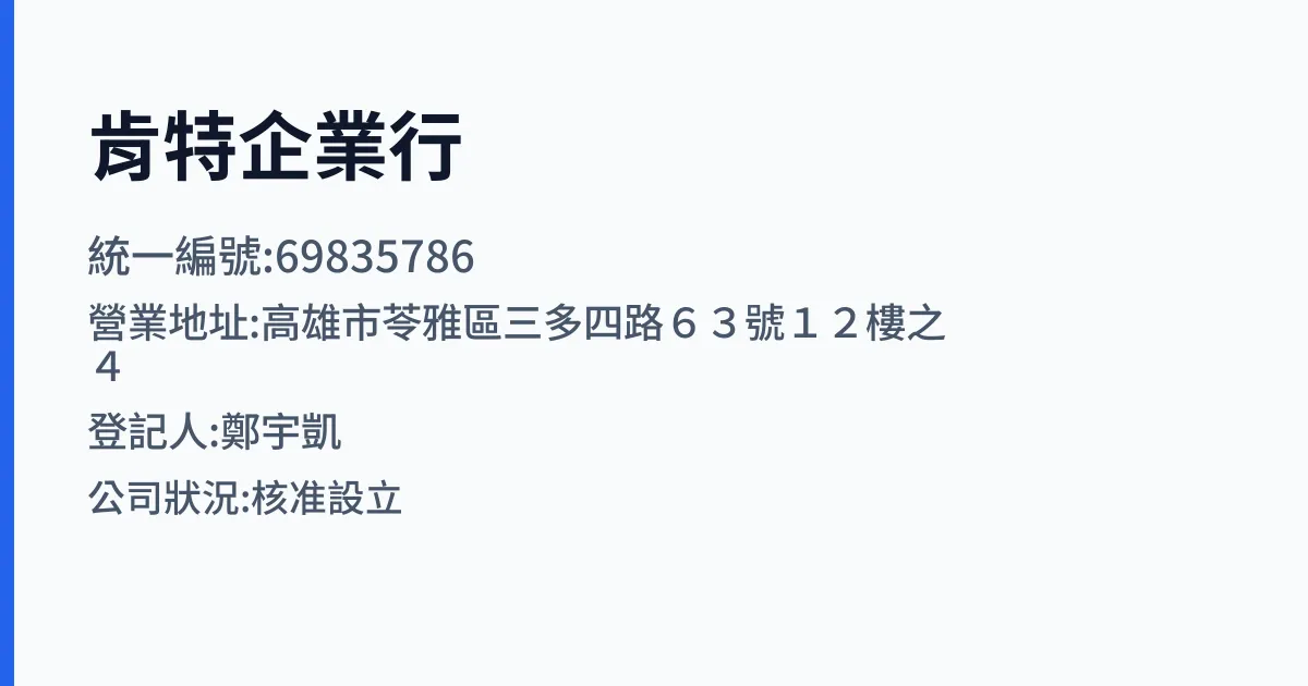 肯特企業行 - 統編 69835786(高雄市) 公司登記資料與營業項目詳細圖表