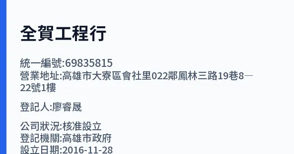 全賀工程行的照片-統編 69835815(高雄市) 公司登記資料與營業項目詳細圖表