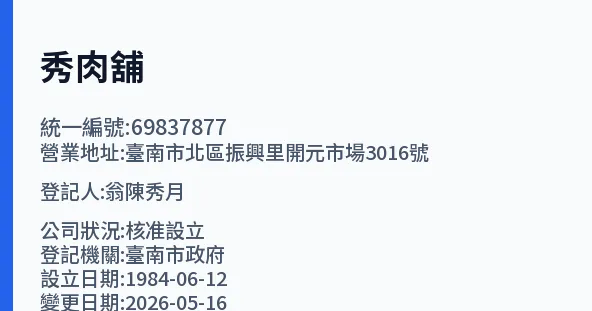 秀肉舖的照片-統編 69837877(臺南市) 公司登記資料與營業項目詳細圖表