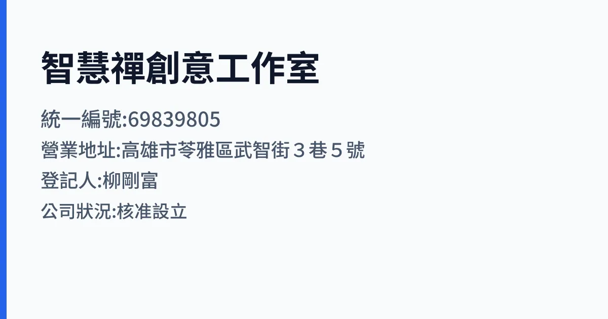 智慧禪創意工作室 - 統編 69839805(高雄市) 公司登記資料與營業項目詳細圖表