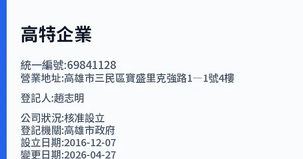 高特企業的照片-統編 69841128(高雄市) 公司登記資料與營業項目詳細圖表