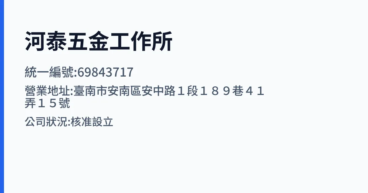 河泰五金工作所 - 統編 69843717(臺南市) 公司登記資料與營業項目詳細圖表
