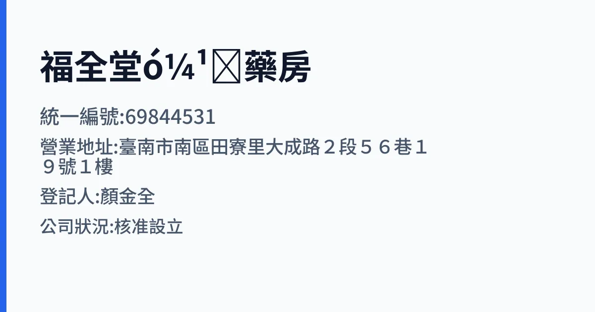 福全堂󼹋藥房 - 統編 69844531(臺南市) 公司登記資料與營業項目詳細圖表