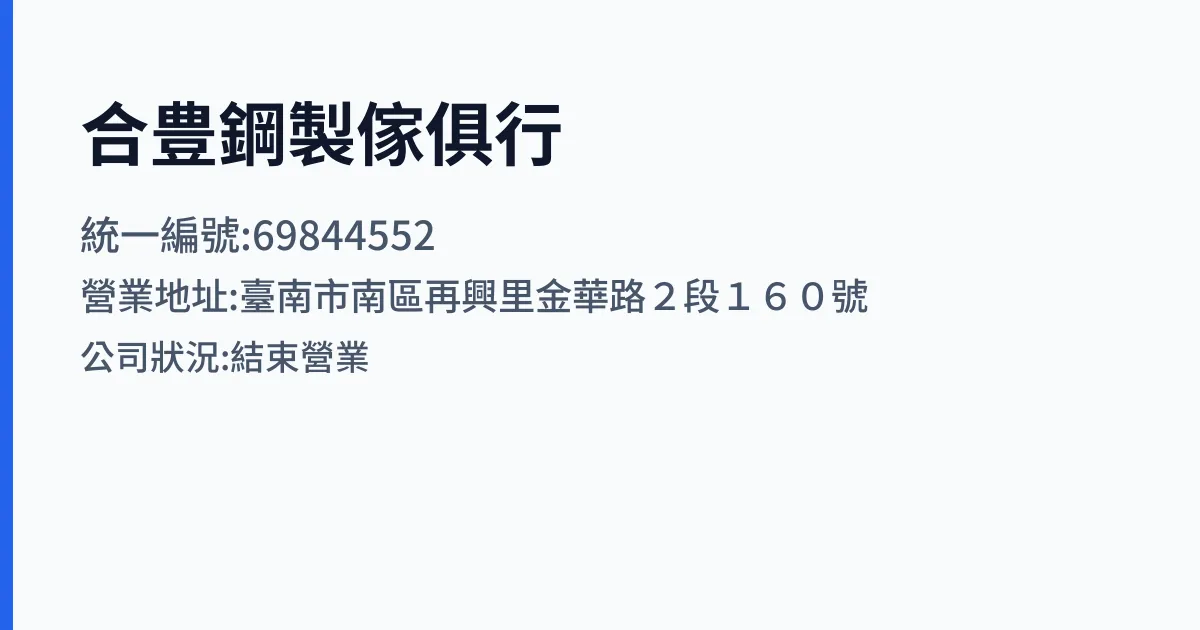 合豊鋼製傢俱行 - 統編 69844552(臺南市) 公司登記資料與營業項目詳細圖表