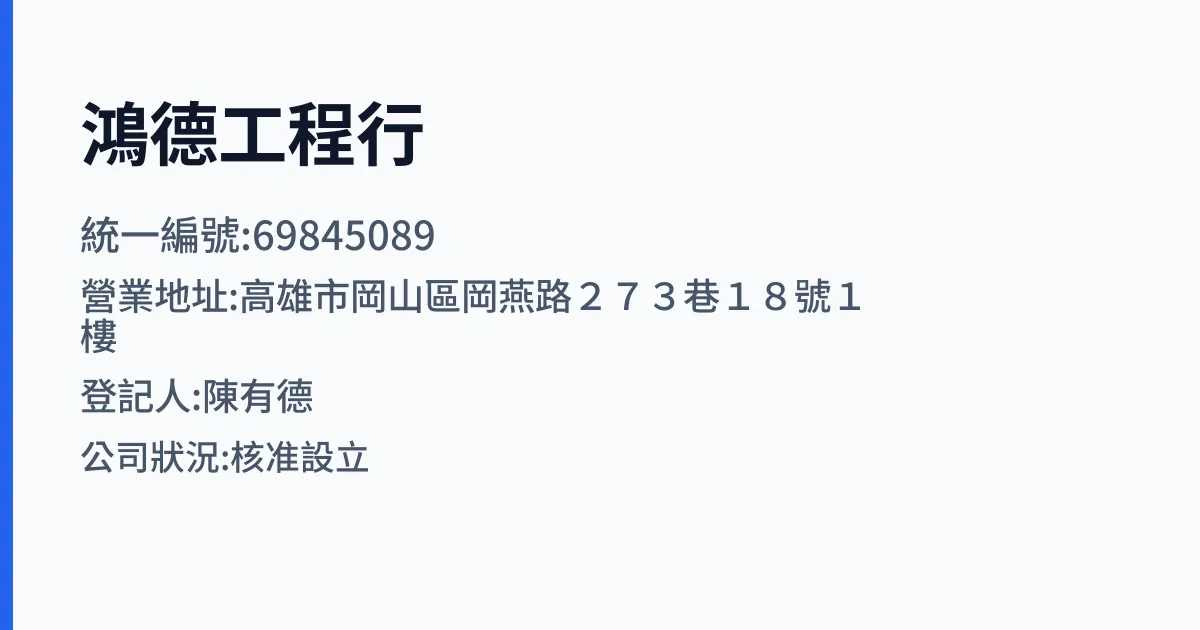 鴻德工程行 - 統編 69845089(高雄市) 公司登記資料與營業項目詳細圖表