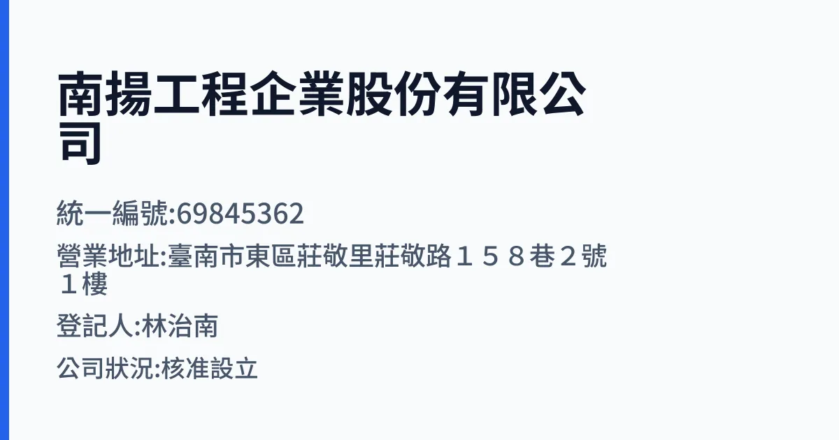 南揚工程企業股份有限公司 - 統編 69845362(臺南市) 公司登記資料與營業項目詳細圖表