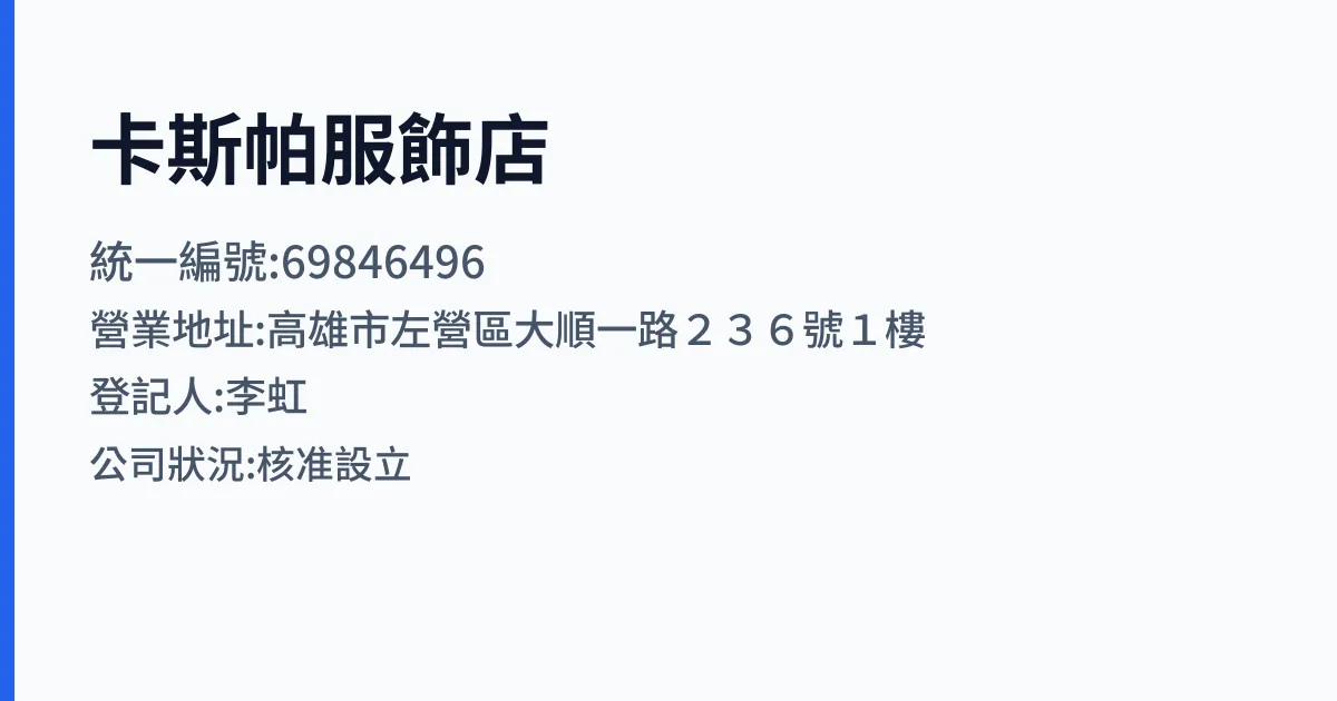 卡斯帕服飾店 - 統編 69846496(高雄市) 公司登記資料與營業項目詳細圖表