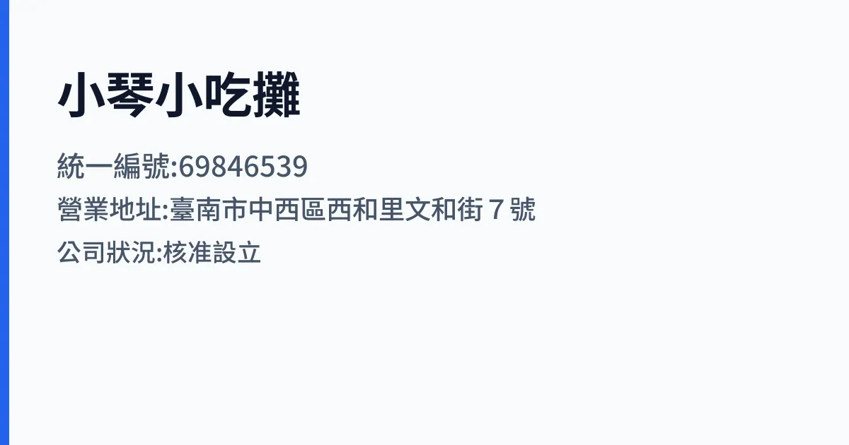 小琴小吃攤 - 統編 69846539(臺南市) 公司登記資料與營業項目詳細圖表