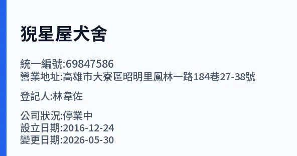 猊星屋犬舍的照片-統編 69847586(高雄市) 公司登記資料與營業項目詳細圖表