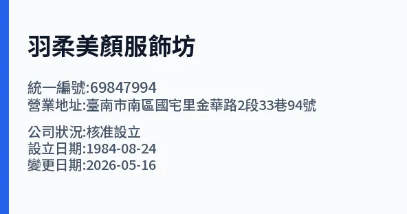 羽柔美顏服飾坊的照片-統編 69847994(臺南市) 公司登記資料與營業項目詳細圖表