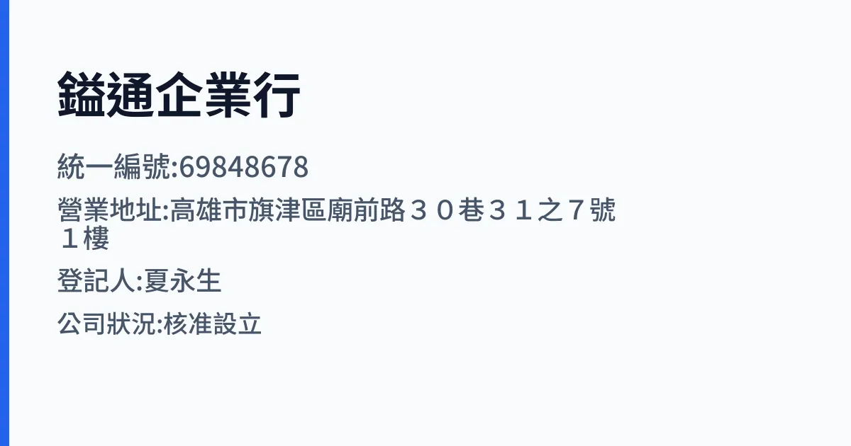 鎰通企業行 - 統編 69848678(高雄市) 公司登記資料與營業項目詳細圖表