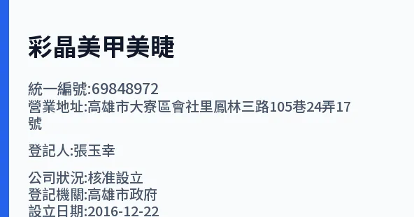 彩晶美甲美睫的照片-統編 69848972(高雄市) 公司登記資料與營業項目詳細圖表