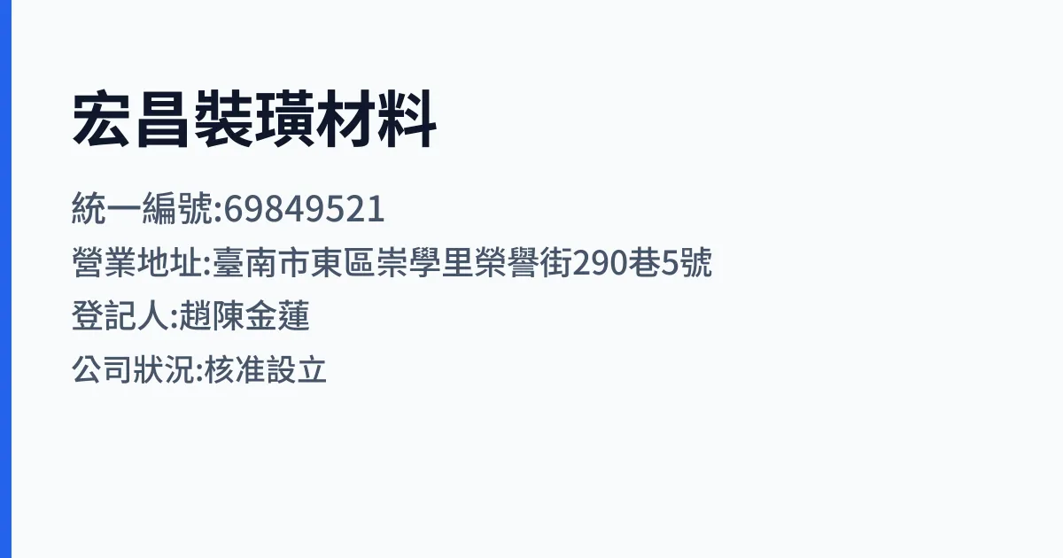 宏昌裝璜材料 - 統編 69849521(臺南市) 公司登記資料與營業項目詳細圖表