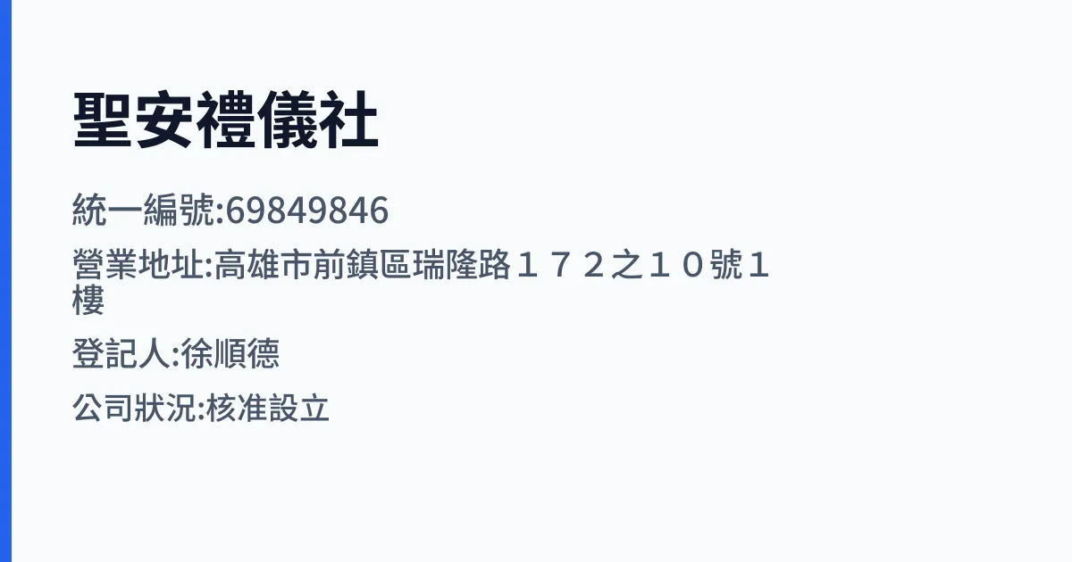 聖安禮儀社 - 統編 69849846(高雄市) 公司登記資料與營業項目詳細圖表