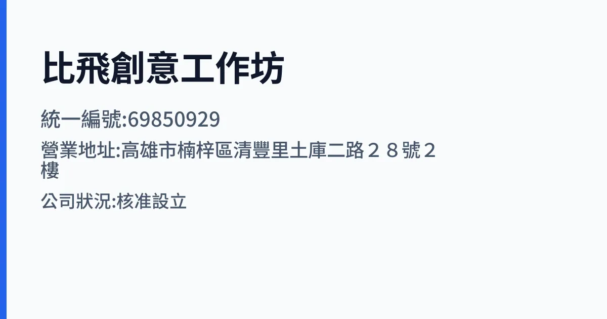比飛創意工作坊 - 統編 69850929(高雄市) 公司登記資料與營業項目詳細圖表
