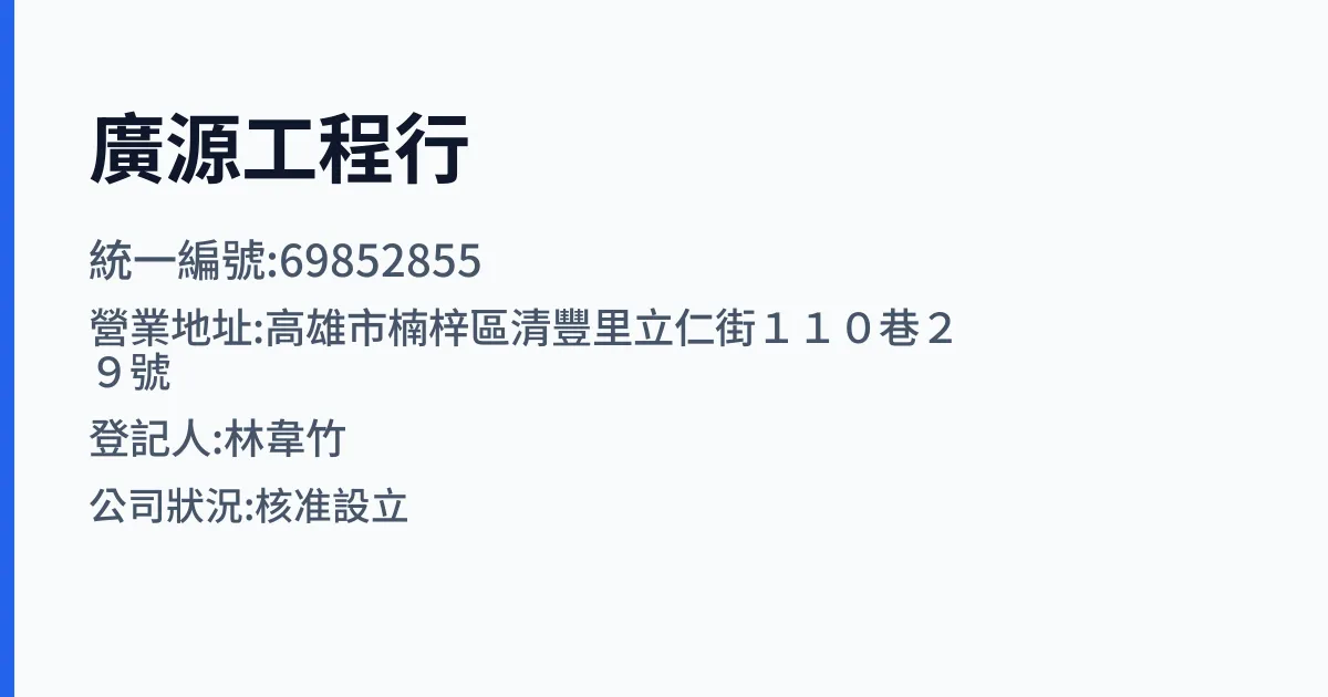 廣源工程行 - 統編 69852855(高雄市) 公司登記資料與營業項目詳細圖表