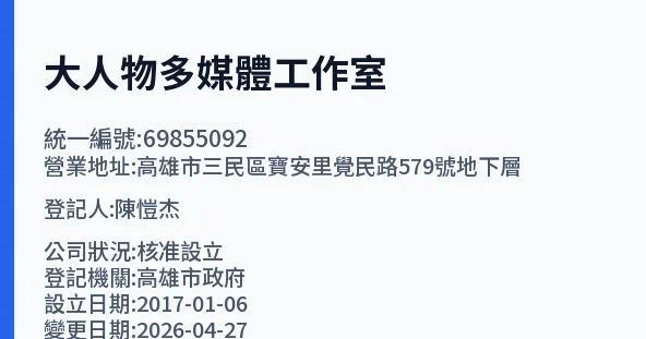 大人物多媒體工作室的照片-統編 69855092(高雄市) 公司登記資料與營業項目詳細圖表