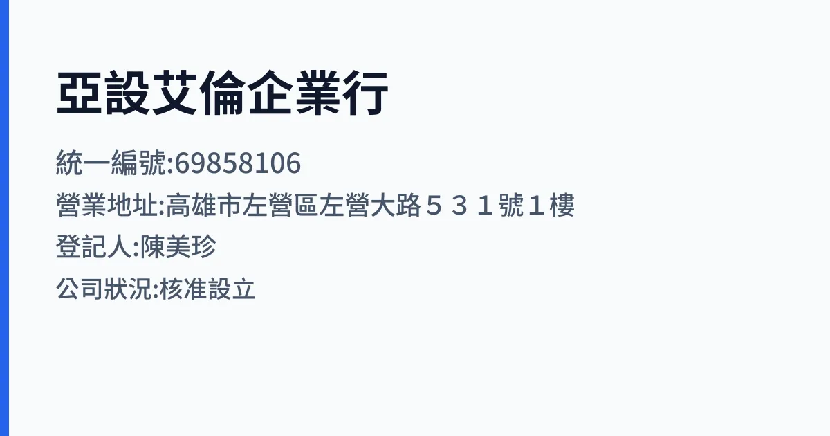 亞設艾倫企業行 - 統編 69858106（高雄市） 公司登記資料與營業項目詳細圖表