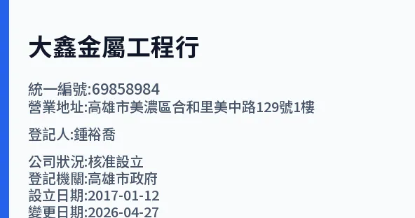 大鑫金屬工程行的照片-統編 69858984(高雄市) 公司登記資料與營業項目詳細圖表